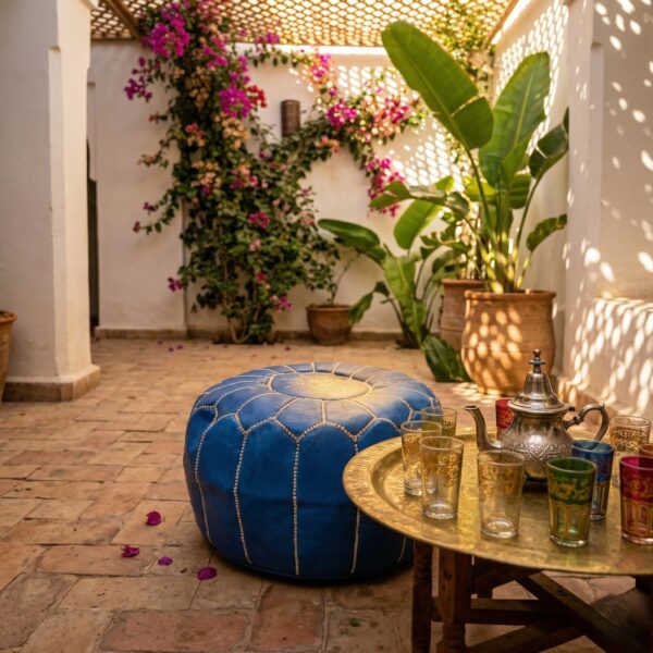 Denim Blue Leather Floor Ottoman 21" | Marrakeche