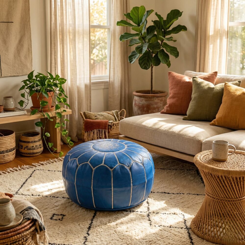 Denim Blue Leather Floor Ottoman 21" | Marrakeche