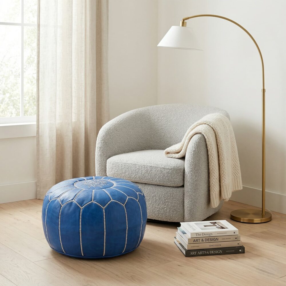 Denim Blue Leather Floor Ottoman 21" | Marrakeche