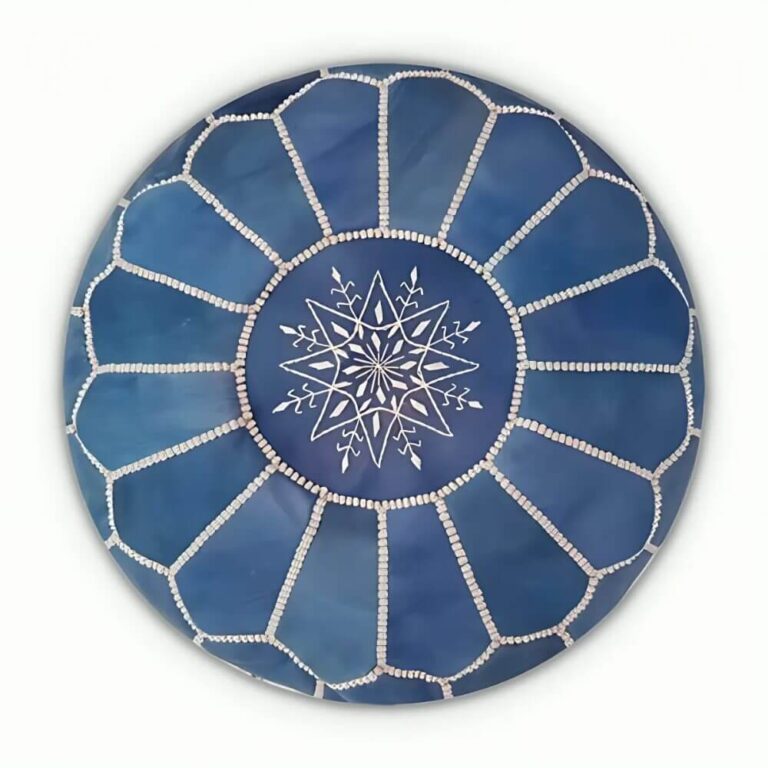 Leather Pouf Blue | Handmade Ottoman With White Stitching Pattern