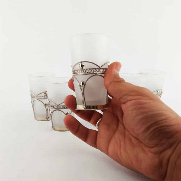White Moroccan Tea Cups | Silver Metal Design Set Of 6