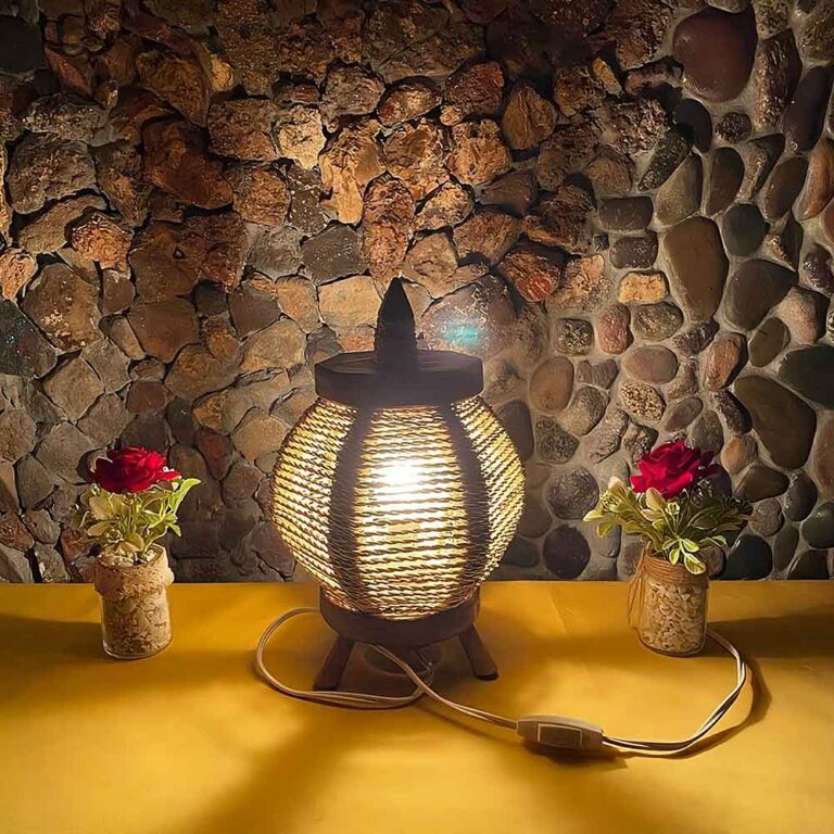 Round Straw Table Lamp 9" Wood Base | Marrakeche